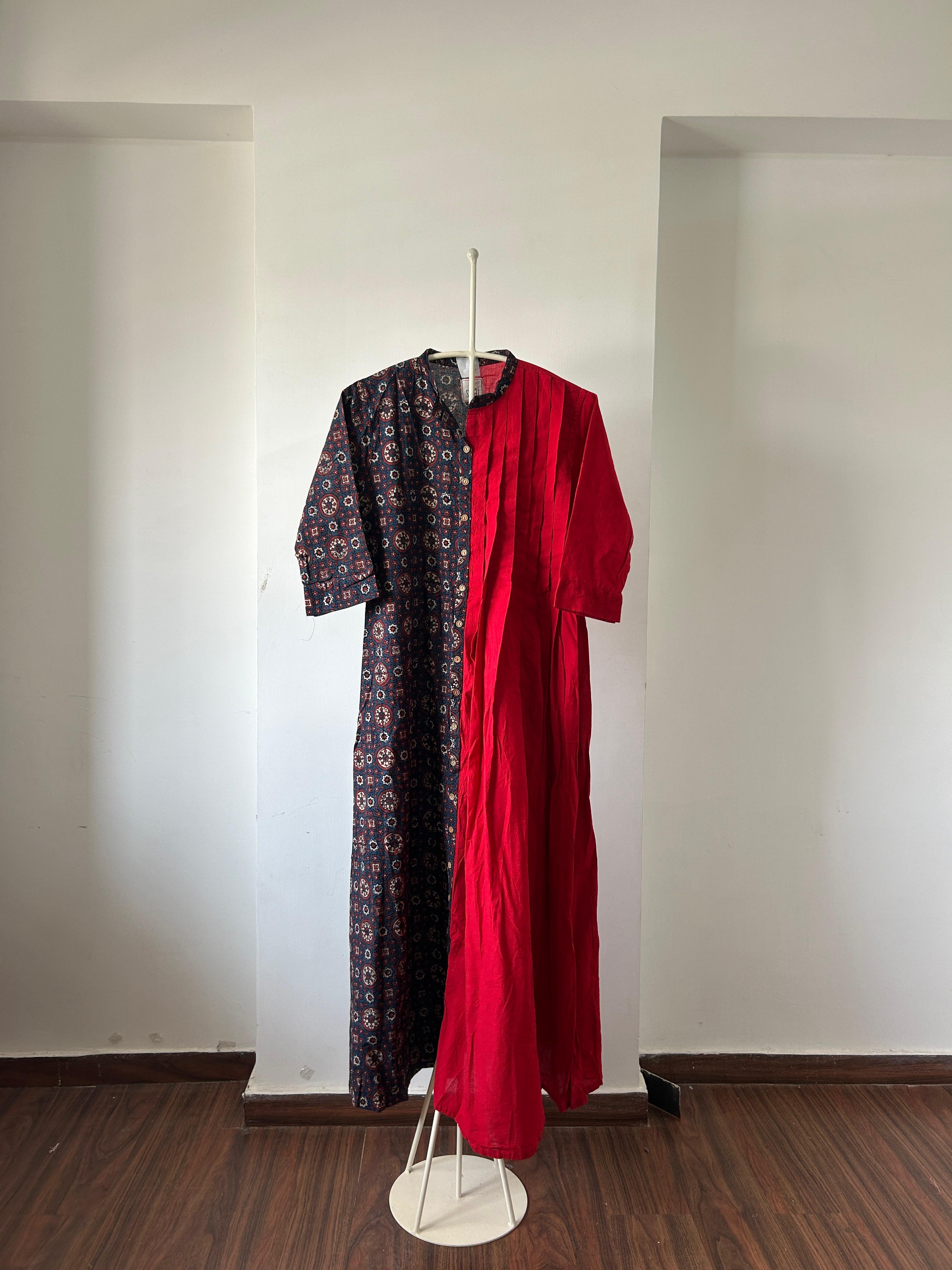 Half & Half Printed Red Dress – Silai Studio