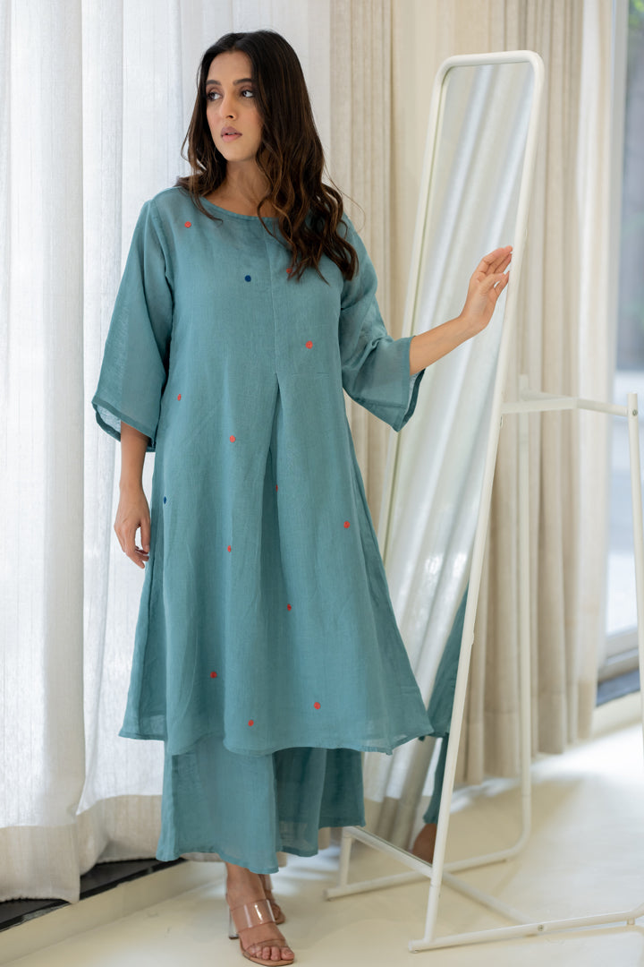 Coastal Lagoon Linen Kurta Set with Dupatta – Silai Studio