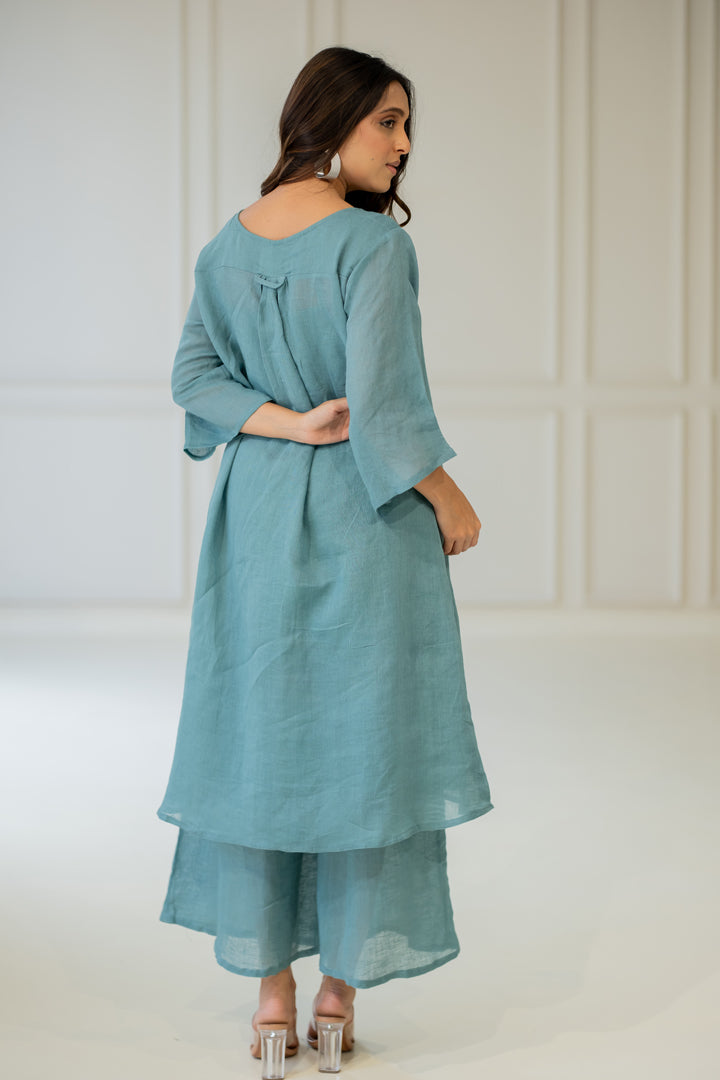 Coastal Lagoon Linen Kurta Set with Dupatta – Silai Studio
