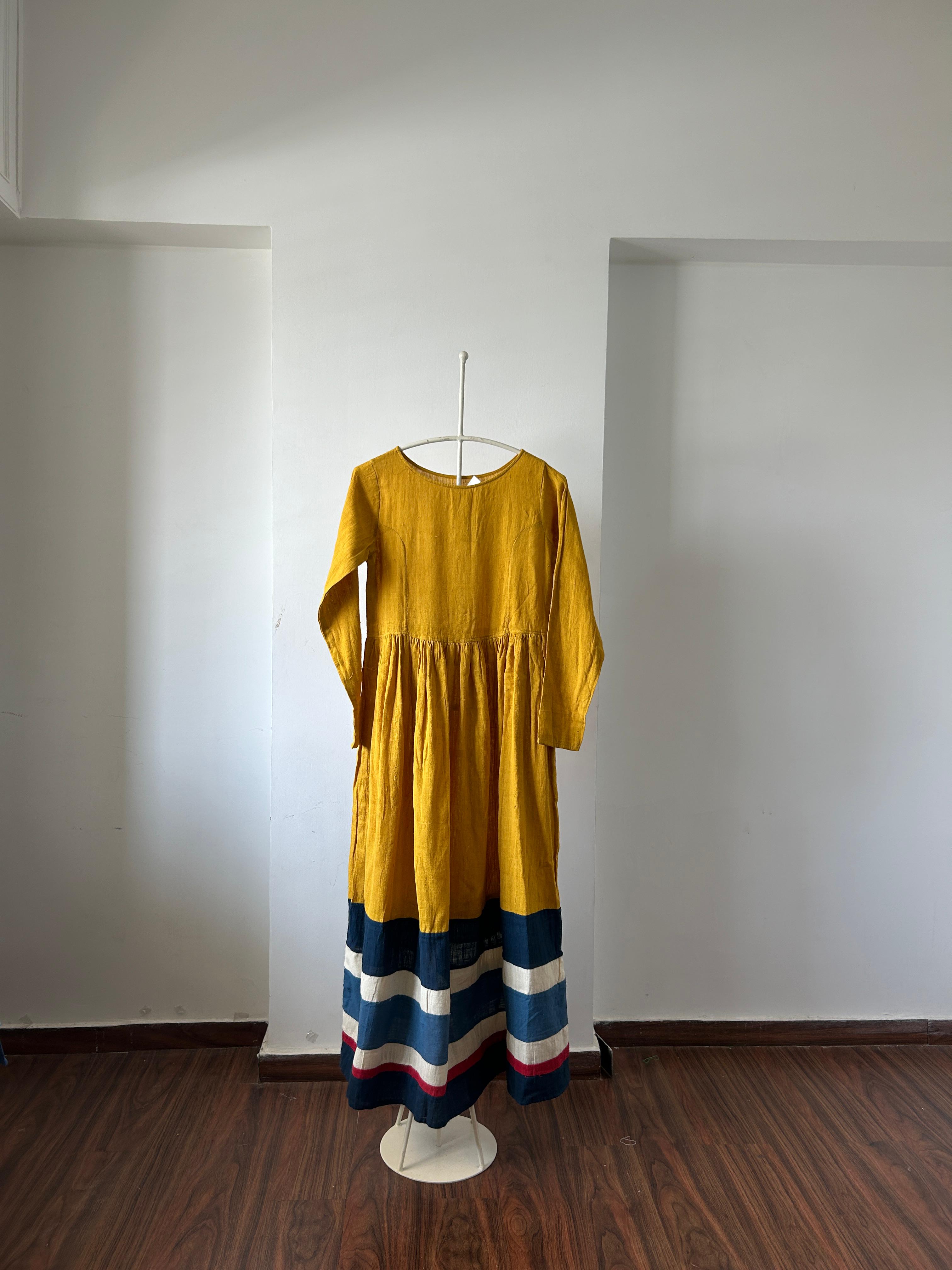 Long Mustard Gather Dress with Striped Border – Silai Studio
