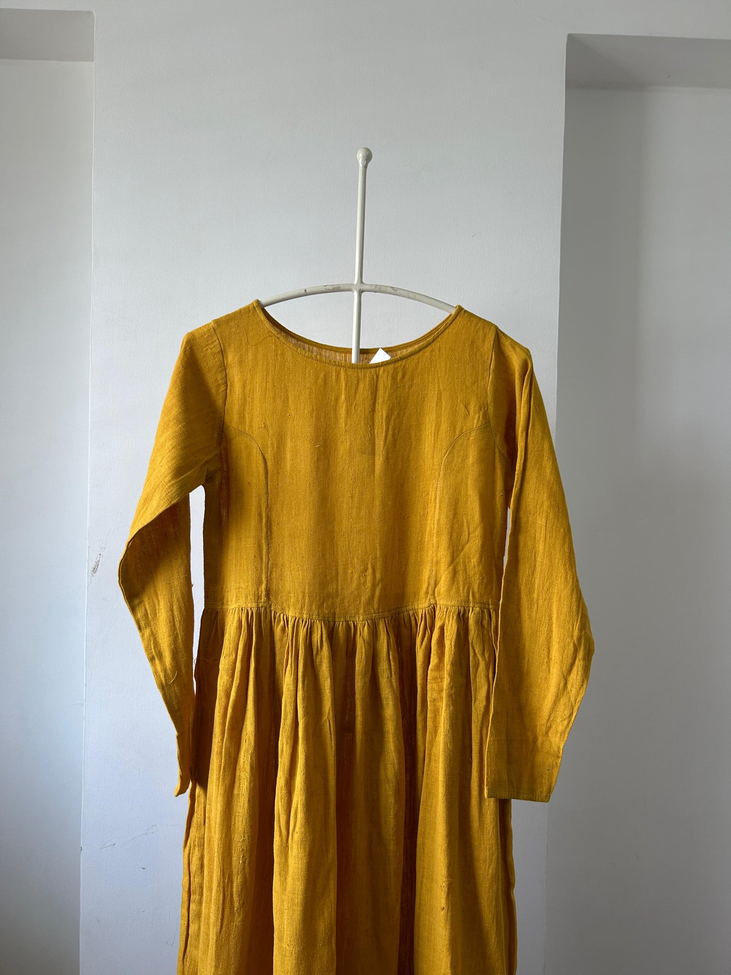 Long Mustard Gather Dress with Striped Border – Silai Studio
