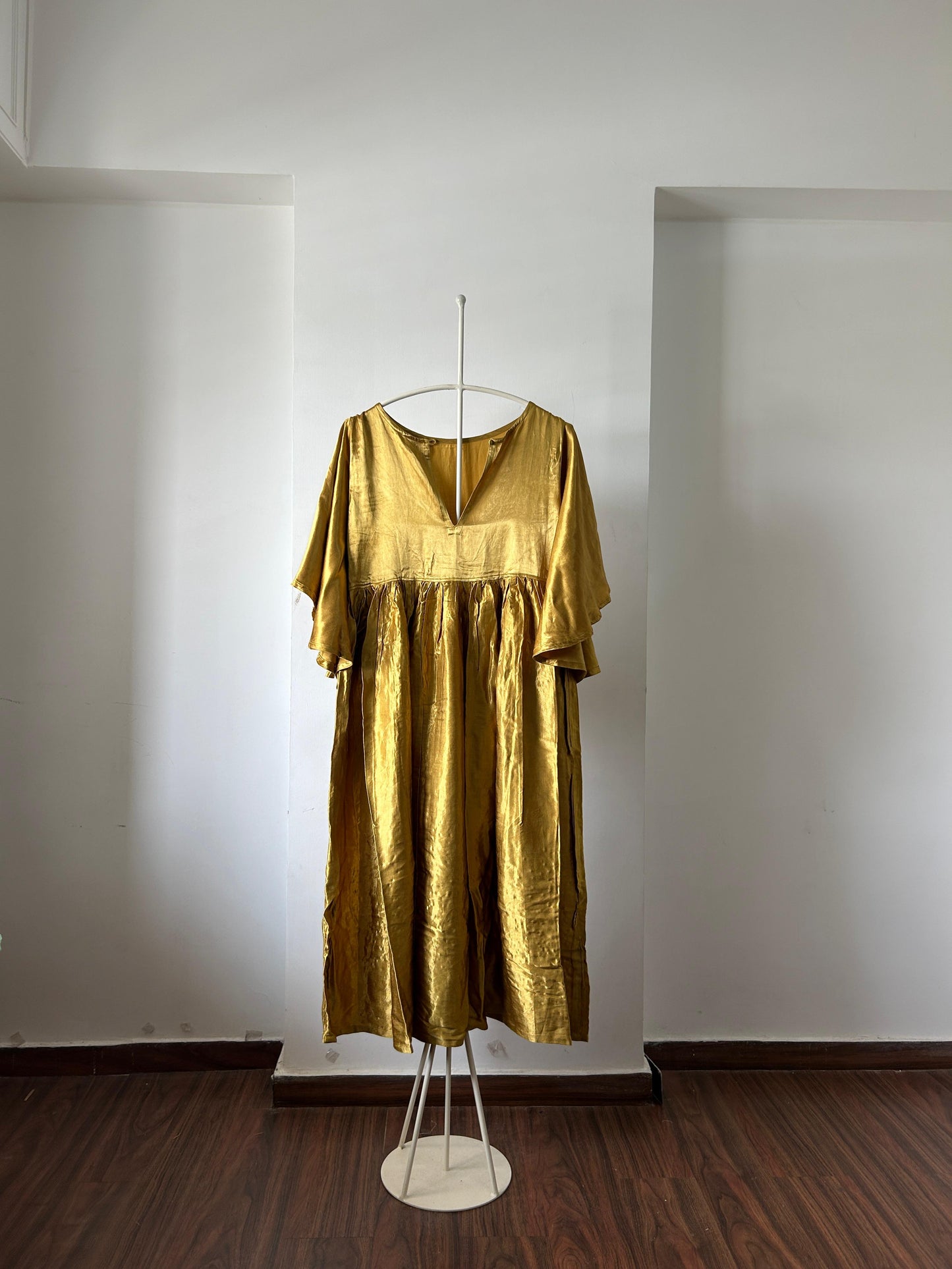 Gold Satin Dress with Beaded Embroidery – Silai Studio