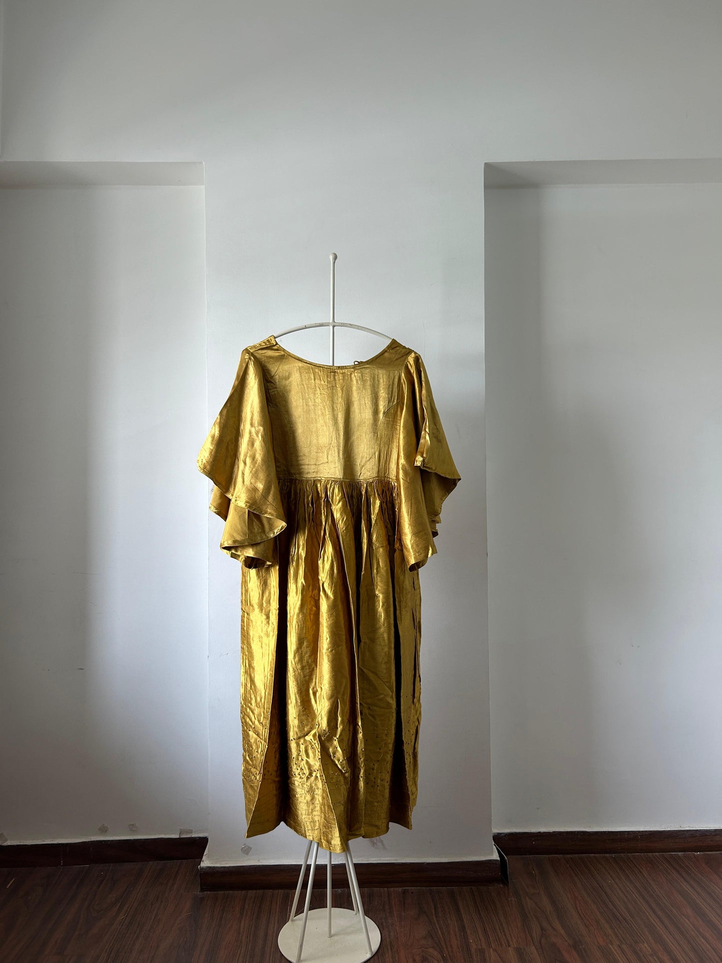Gold Satin Dress with Beaded Embroidery – Silai Studio