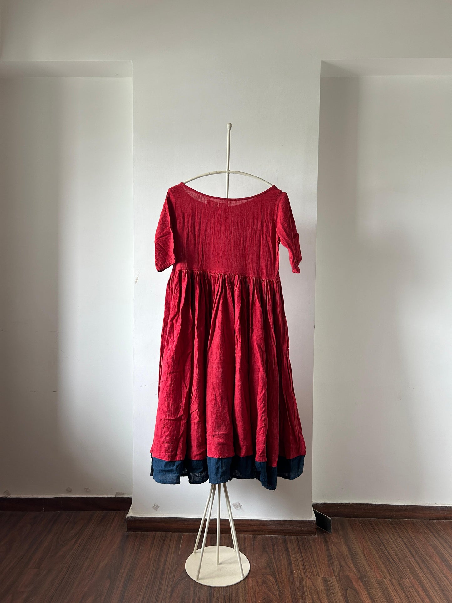 Red Kalidar Dress with Blue Applique Dots – Silai Studio