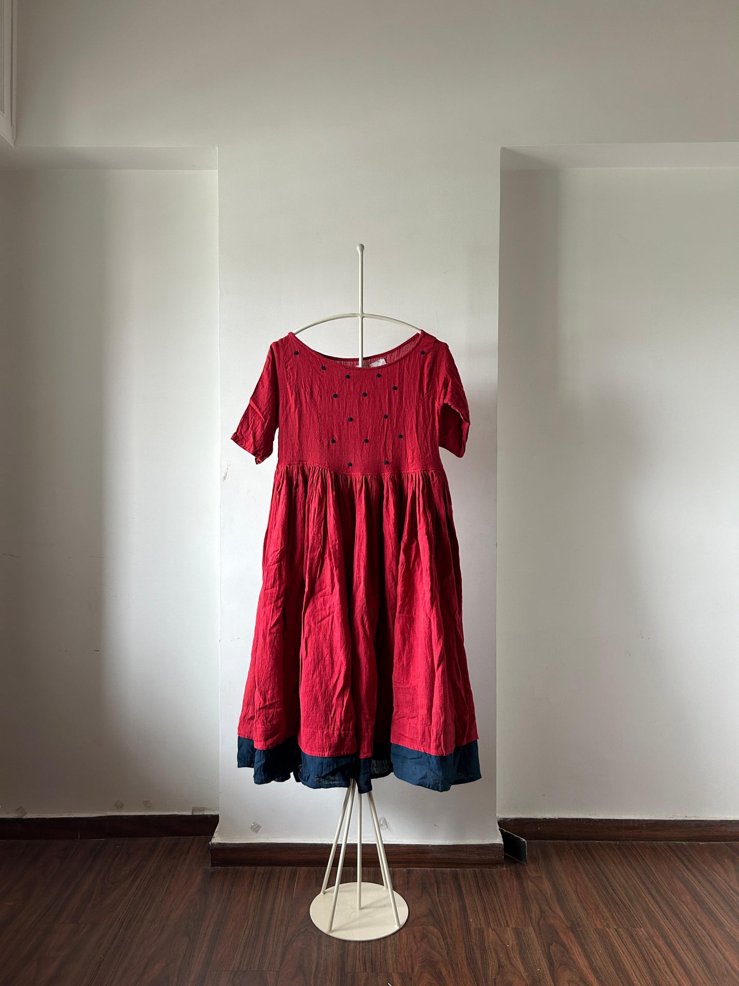 Red Kalidar Dress with Blue Applique Dots – Silai Studio