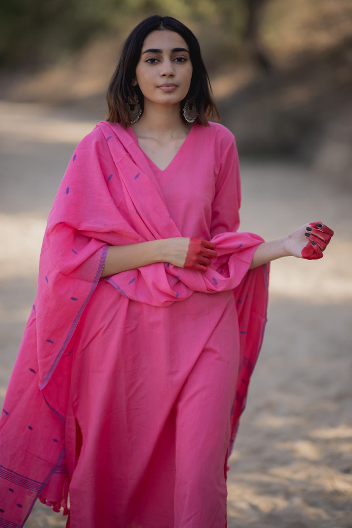 Pink Mulmul Kurta Set with Dupatta – Silai Studio